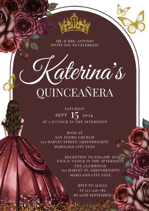 Burgundy Floral Quinceanera Invitation A4 Template | PosterMyWall