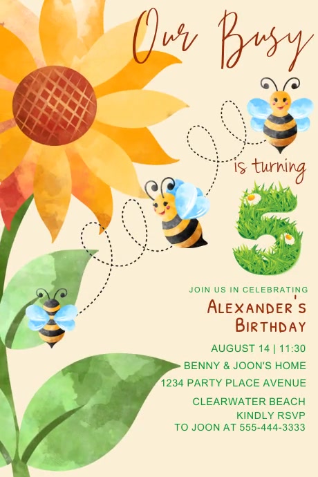 Busy Bee 5th Birthday Party Invitation Template | PosterMyWall