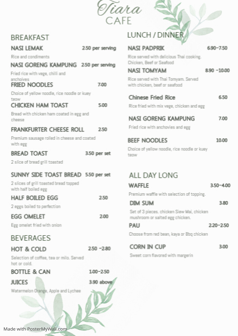 TIARA Restaurant Menu Pg1 | PosterMyWall