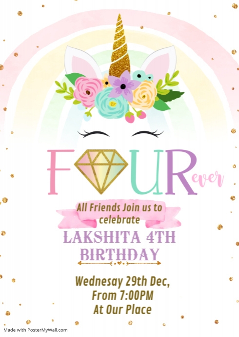Copy of Four ever unicorn birthday | PosterMyWall