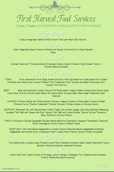 FIRST HARVEST MENU LIST 2018 | PosterMyWall