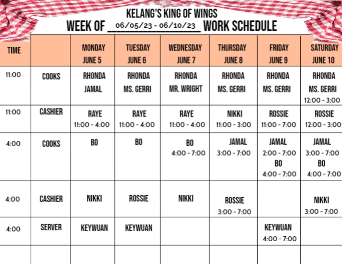 KOWINGS Weekly Work Schedule060523 | PosterMyWall