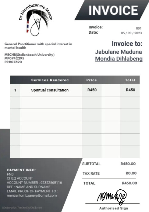 Dr Ntombizanele Menze invoice (1) | PosterMyWall
