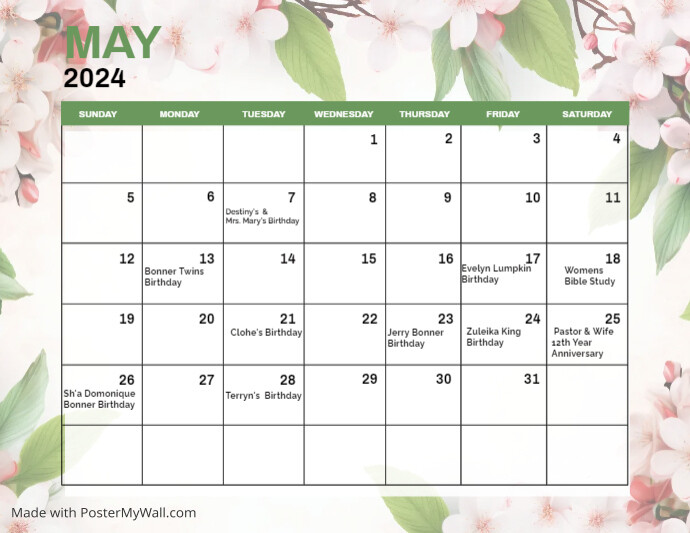 May Monthly Events Calendar | PosterMyWall