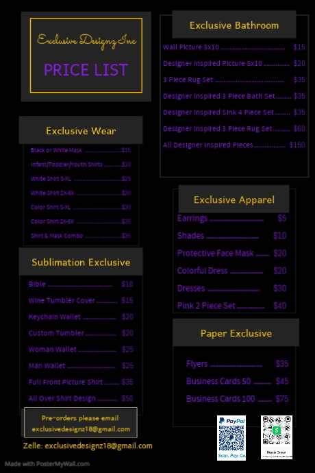 Exclusive Designz Inc Price List | PosterMyWall