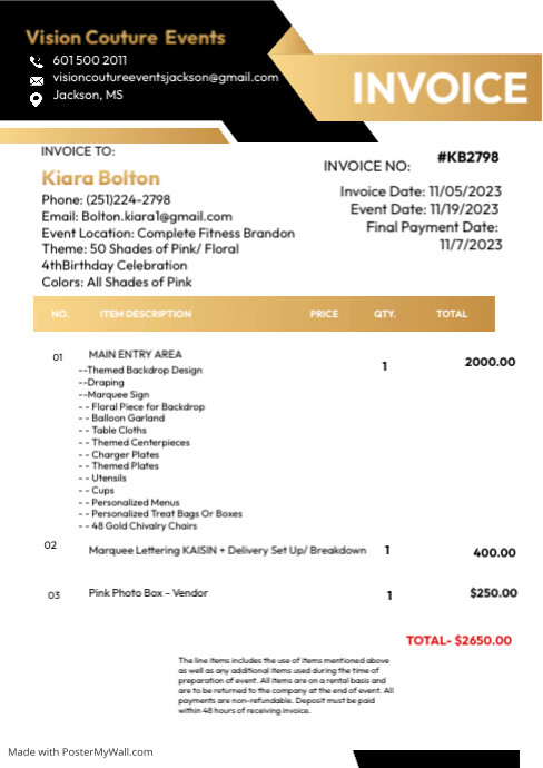 Gold Invoice Template | PosterMyWall