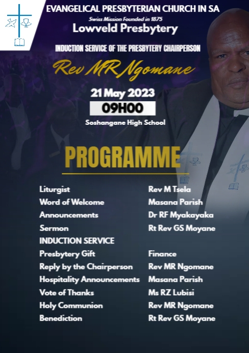 Copy of Programme - Rev MR Ngomane Induction 1 | PosterMyWall