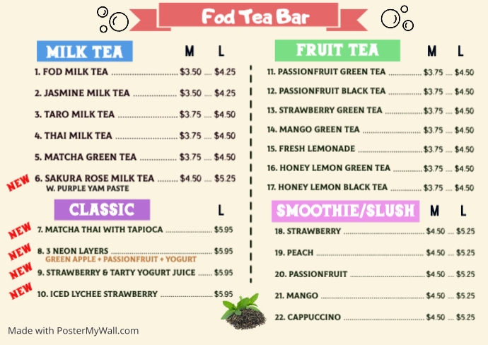 Copy of Copy of Fod Tea Bar Menu Landscape | PosterMyWall
