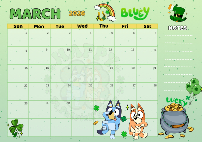Calendar March 2025 Bluey and Bingo Template | PosterMyWall