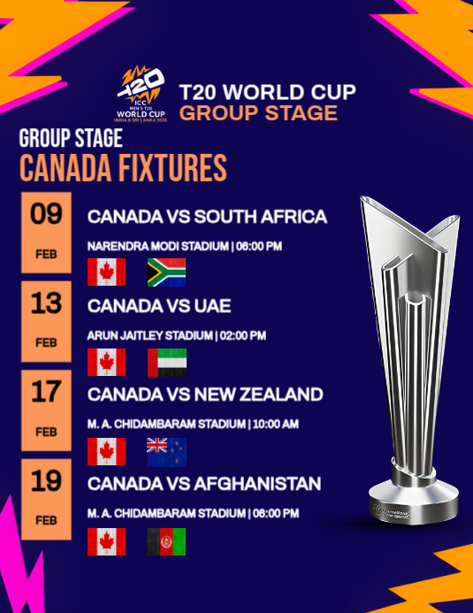 Canada t20 world cup 2026 group stage fixtures Template | PosterMyWall