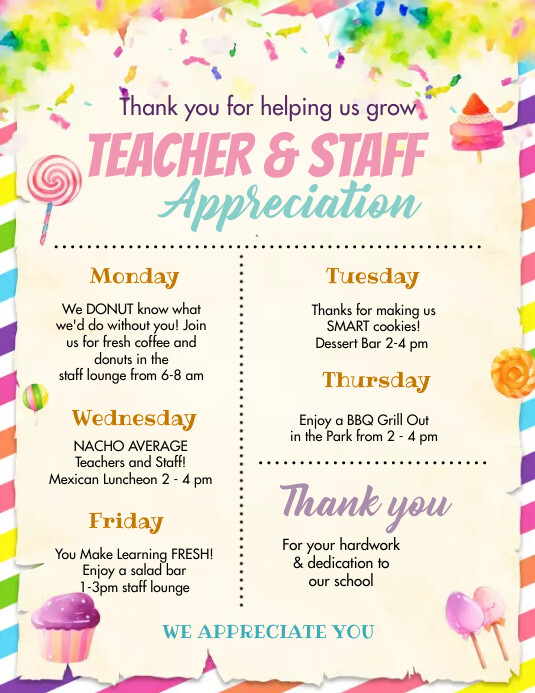 Candy teacher staff appreciation itinerary Template | PosterMyWall