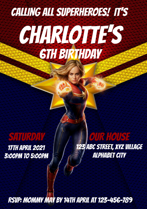 Captain Marvel Birthday Invitation Template | PosterMyWall