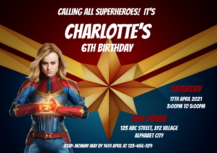 Captain Marvel Birthday Invitation Template | PosterMyWall