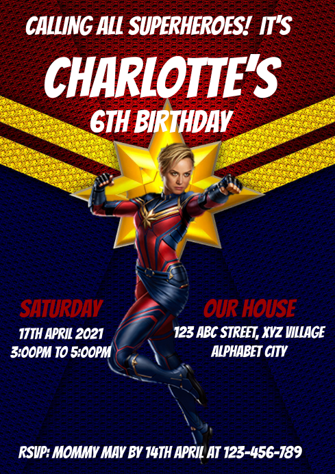 Captain Marvel Birthday Invitation Template | PosterMyWall
