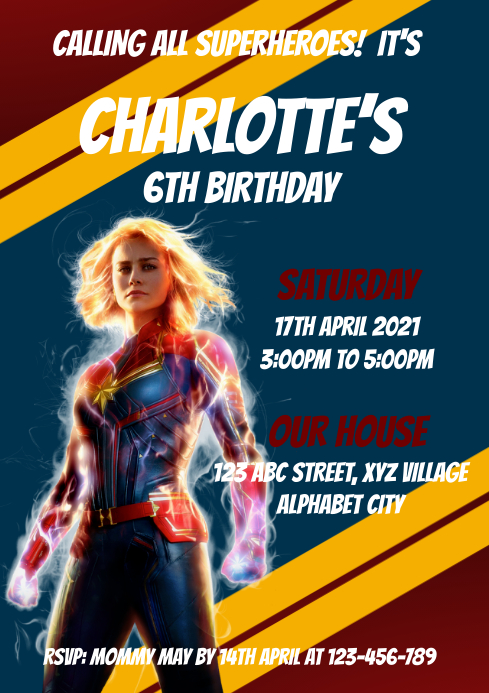 Captain Marvel Birthday Invitation Template | PosterMyWall
