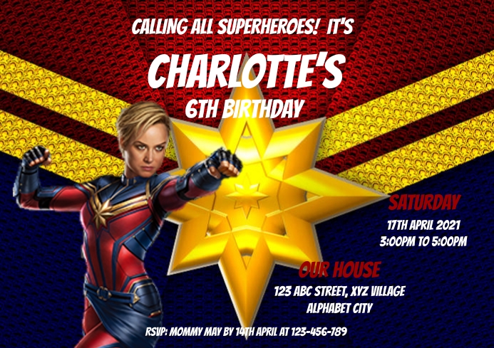 Plantilla de Invitación de Cumpleaños de Capitán Marvel | PosterMyWall