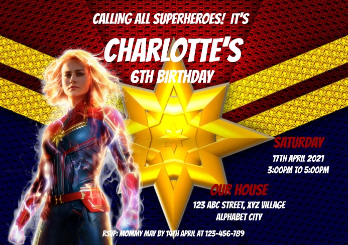 Captain Marvel Birthday Invitation Template | PosterMyWall