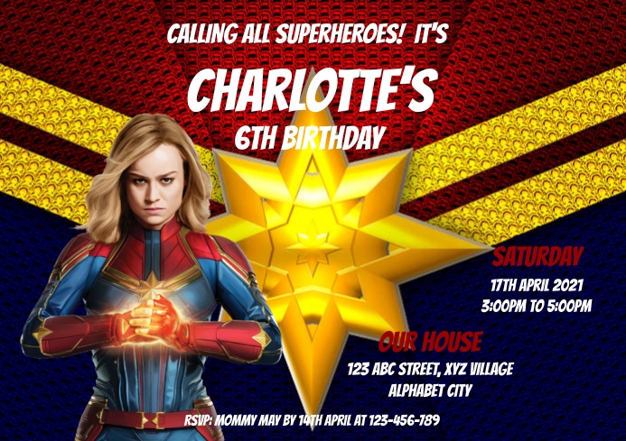 Captain Marvel Birthday Invitation Template | PosterMyWall
