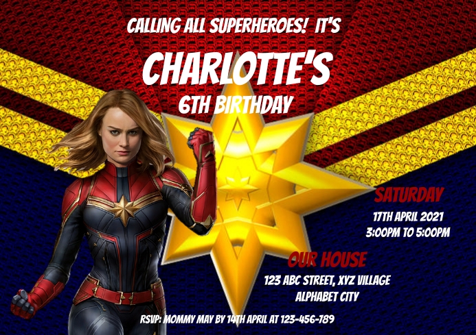 Captain Marvel Birthday Invitation Template | PosterMyWall