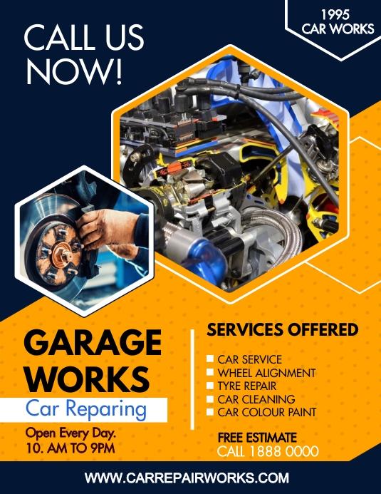 CAR GARAGE AND REPARING WORKS US LETTER Template | PosterMyWall