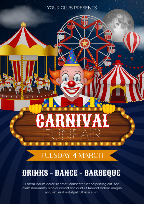 Modèle carnival funfair flyer with clown and amusement park. circus ...