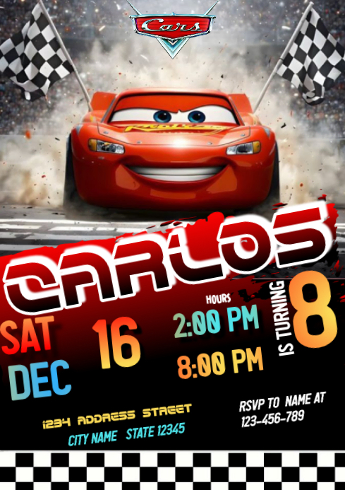 Cars invitation Brithday party temple flayer editablet celebration kids ...