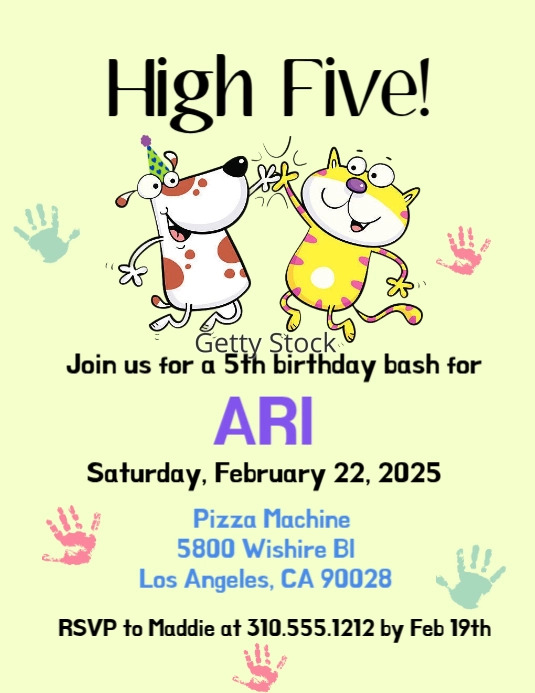 Cartoon Dogs & Cats High Five 5th Birthday Party Template | PosterMyWall