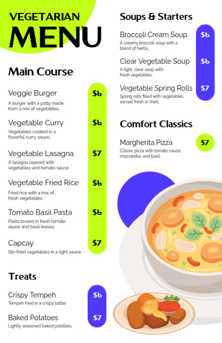 Cartoon Illustrative Vegetarian Menu List Template (Half Page Wide ...