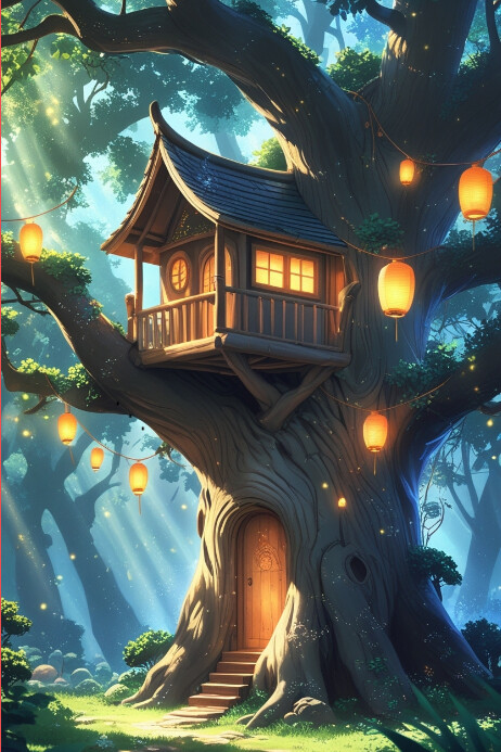 Copy of cartoon treehouse magical forest scene | PosterMyWall