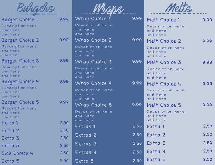 Casual Blue Palette Tri-Fold Letter Size Menu Template | PosterMyWall