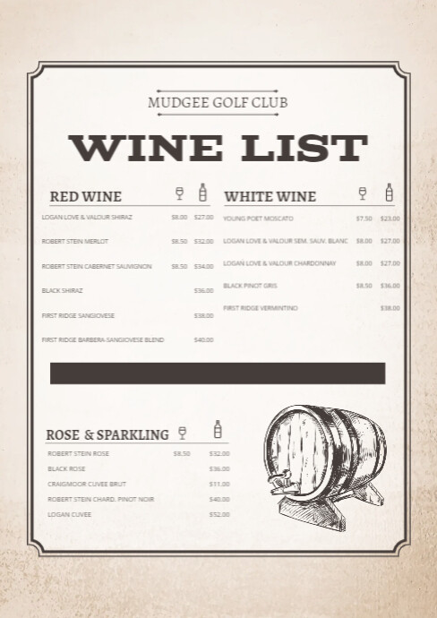 Beige Wine List Menu Flyer | PosterMyWall