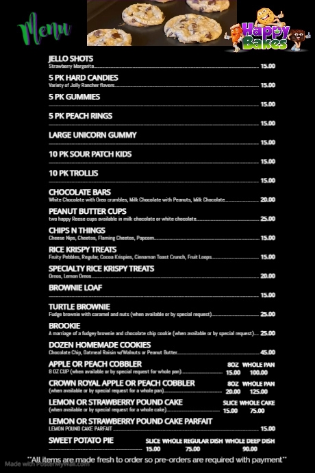 HAPPY BAKES SNACK MENU | PosterMyWall