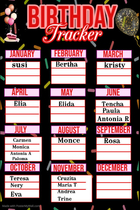 birthday tracker printable, birthday calander | PosterMyWall