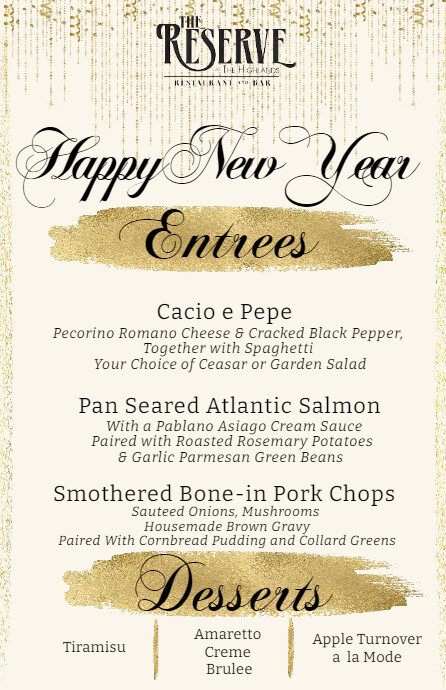 Black Gold New Year's Eve Dinner Special Menu | PosterMyWall