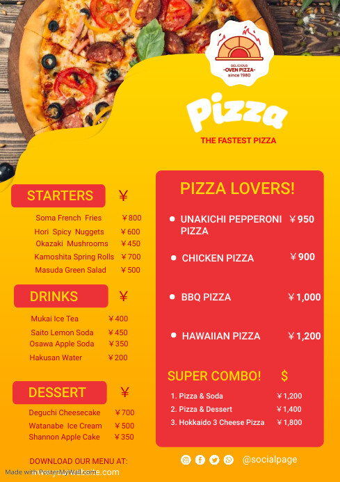 Yellow and Red Pizza Menu Design | PosterMyWall