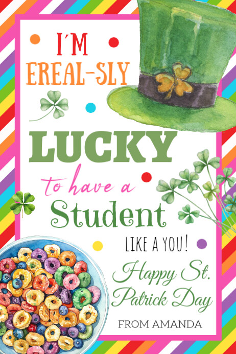 Cereal Student St Patrick's Day Tag Template | PosterMyWall