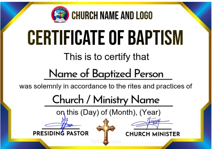 Certificate Of Baptism Editable Blue And Gold Design Template A4 ...