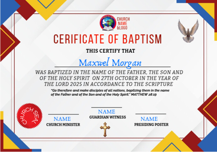 CERTIFICATE OF CHURCH BAPTISM EDITABLE & PRITABLE DESIGN TEMPLATE ...