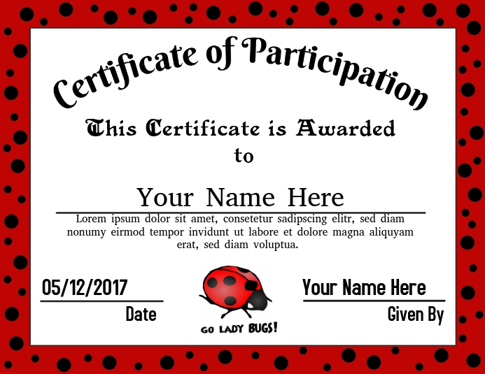 Certificate of Participation (Lady Bugs) Template | PosterMyWall