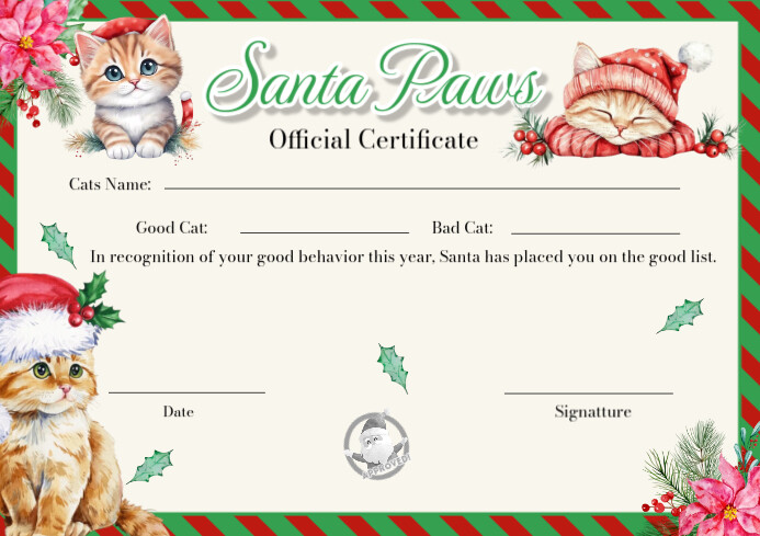 Certificate Santa Paws Cats Template | PosterMyWall
