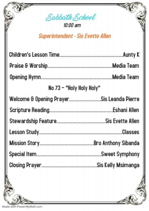 Sabbath School Schedule | PosterMyWall