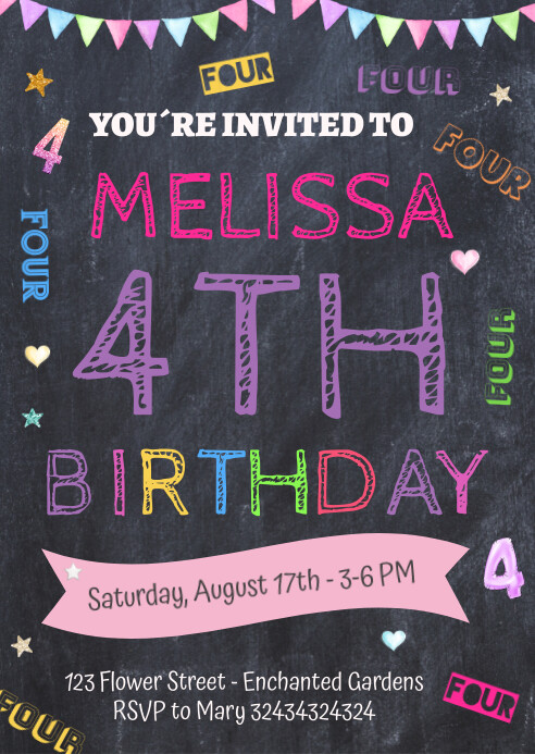 chalk 4TH Girl Birthday Invitation Template | PosterMyWall