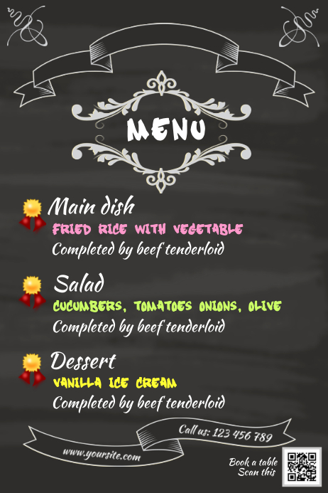 Chalkboard restaurant flyer with ornament and ribbon frame border ...