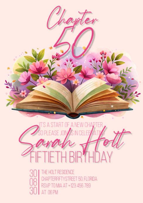 Chapter fifty pink flower open book themed birthday invitation Template ...