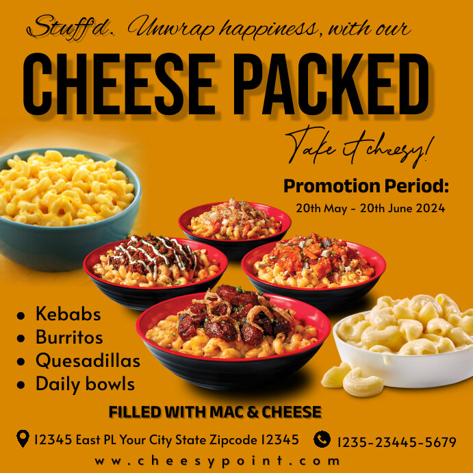 Cheesy Mac & Cheese Packed Template | PosterMyWall