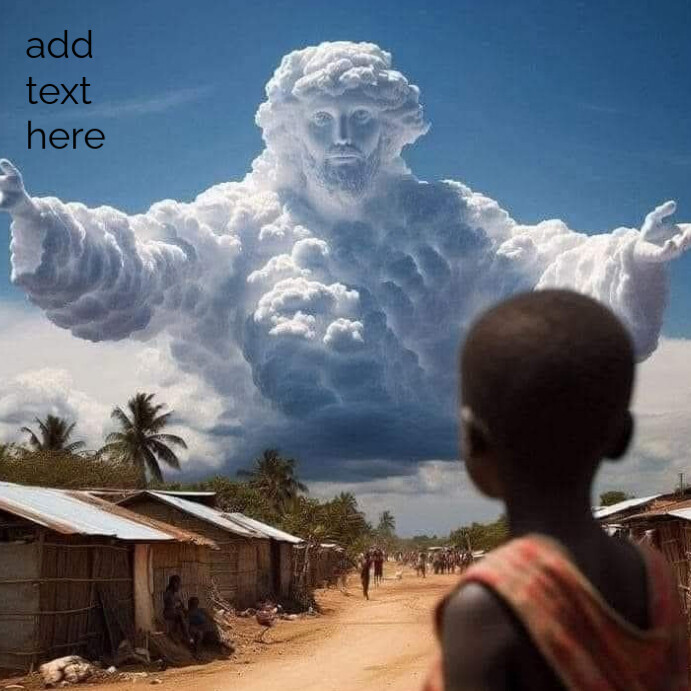 Plantilla de Child looking at cloud formation shaped like Jesus in african village sky ...