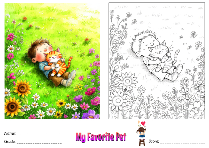 Plantilla de Children Coloring Sheet - Boy and cat | PosterMyWall