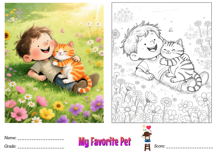 Plantilla de Children Coloring Sheet - Boy and cat | PosterMyWall
