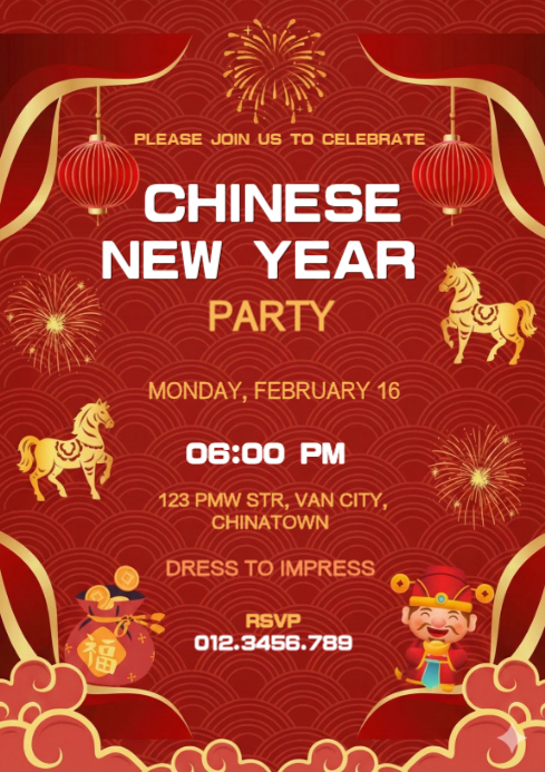 Chinese New Year Party Invitation Flyer – Red & Gold Festive Template ...