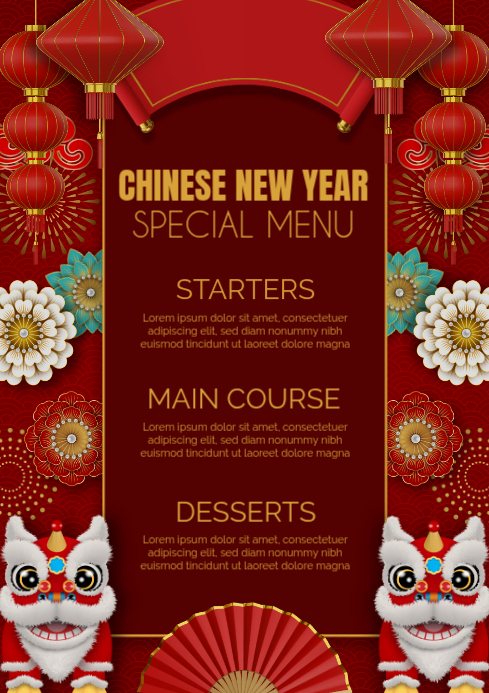 chinese new year special menu with lions, flowers and red lanterns ...